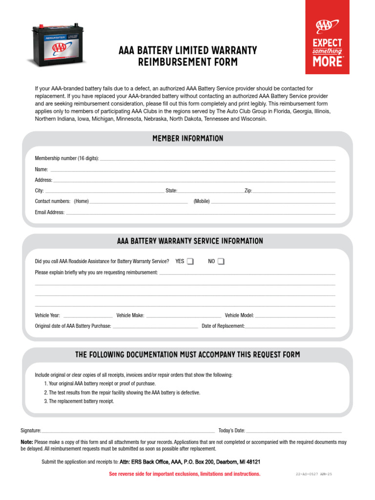 AAA Battery Warranty Reimbursement Form | PDF | American Automobile ...