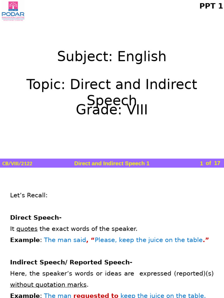 CB - VIII - Eng - Direct and Indirect Speech 1 | PDF | Language ...