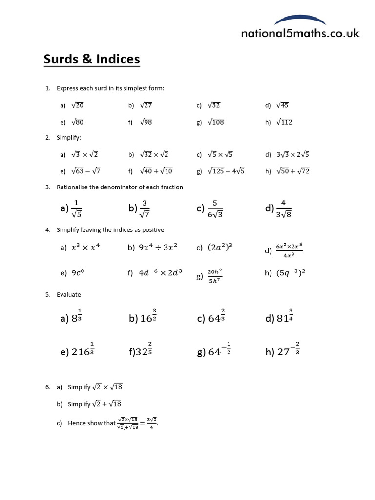 Surds Indices N5 Worksheet | PDF