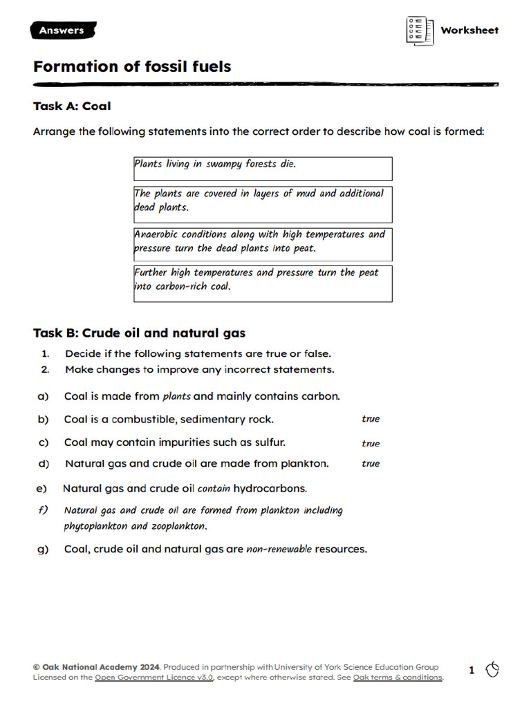 Formation of Fossil Fuels GCSE Worksheet Answers | PDF