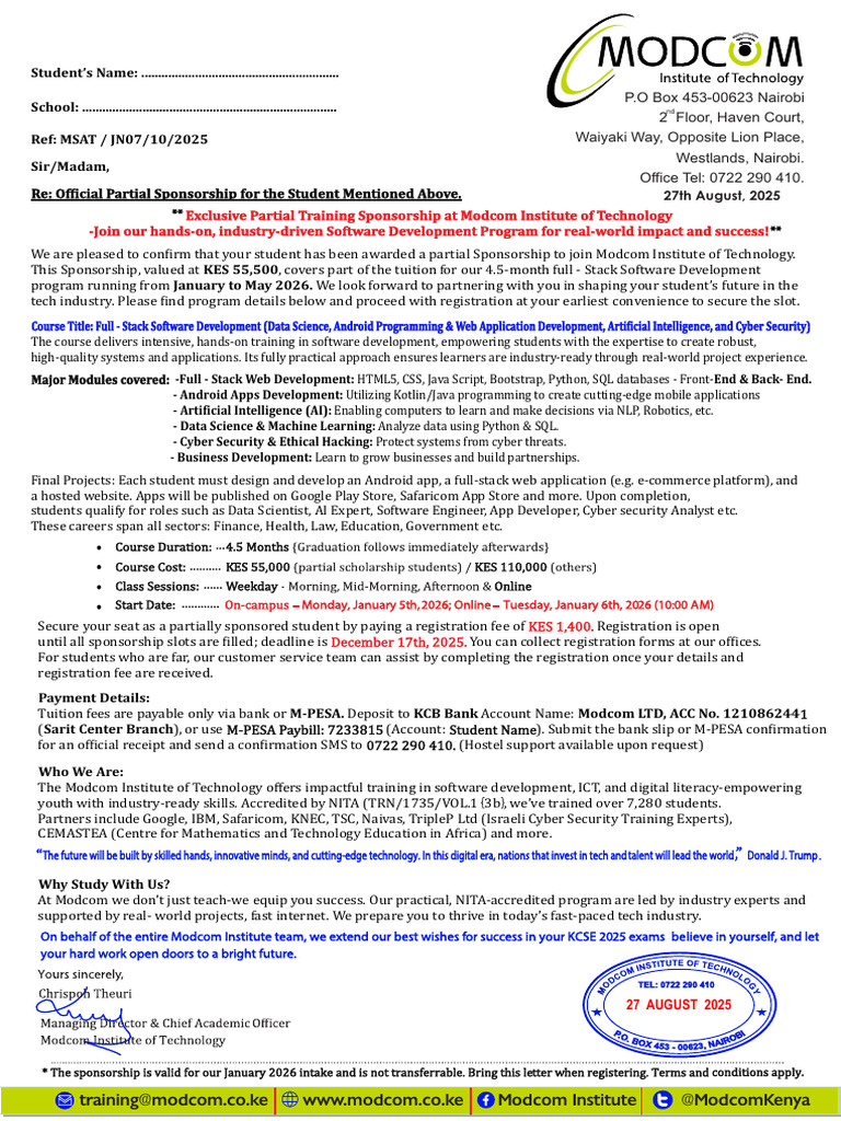 Modcom Institute Software Development Sponsorship | PDF | Software ...