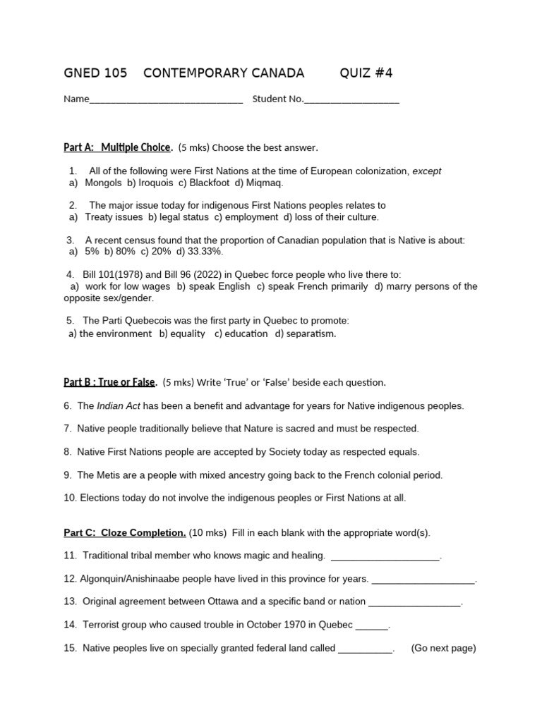 Quiz on Indigenous Peoples in Canada | PDF