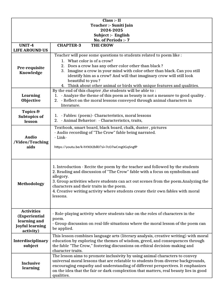 Grade 2 English Lesson Plan Unit-4 Chapter-3 (the Crow) | PDF | Wisdom | Learning