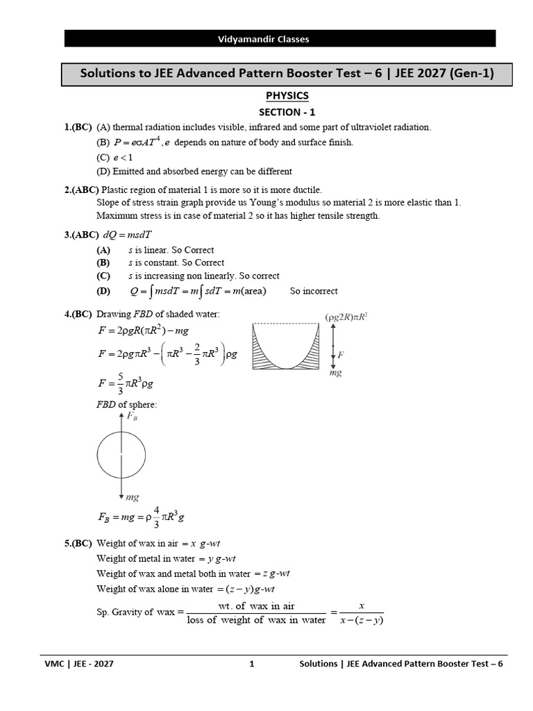 JEE 2027 Advanced Test 6 Solutions | PDF | Physical Sciences