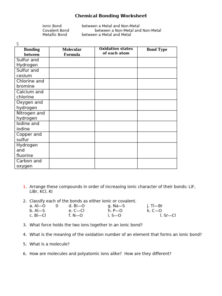 Chemical Bonding Types and Worksheet | PDF