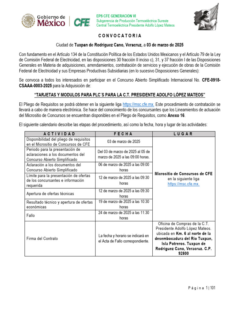 CONVOCATORIA Y PLIEGO DE REQUISITOS CSAAA-0003 | PDF | Business ...