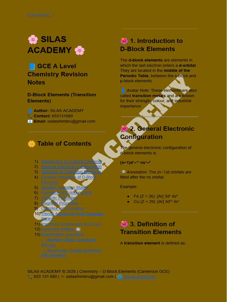 ? D-block Elements Silas Academy ? | PDF | Transition Metals | Ion