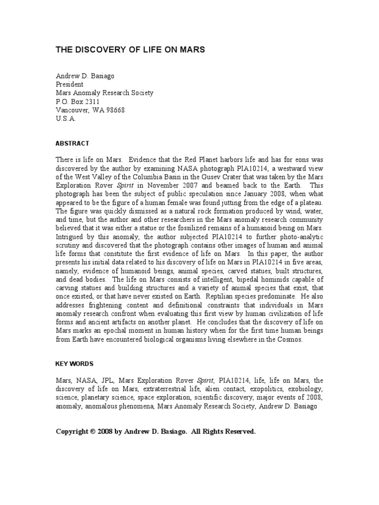 Andrew D. Basiago The Discovery of Life On Mars | PDF | Life On Mars | Mars