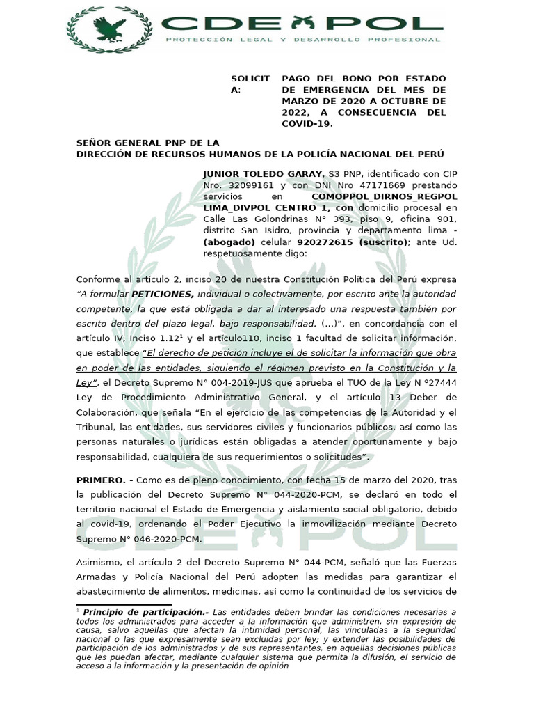 SOLICITUD PARA BONO PANDEMIA COVID19 - JUNIOR TOLEDO - AB (1) (1) | PDF ...