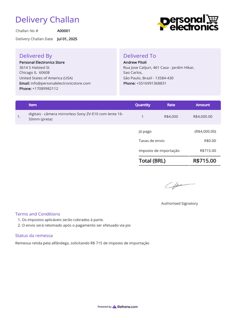 Deliverychallan a00001 Personal Electronics Store Andrew Pitoli | PDF