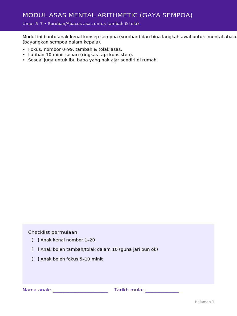 Modul Asas Mental Arithmetic Gaya Sempoa Umur 5-7 | PDF