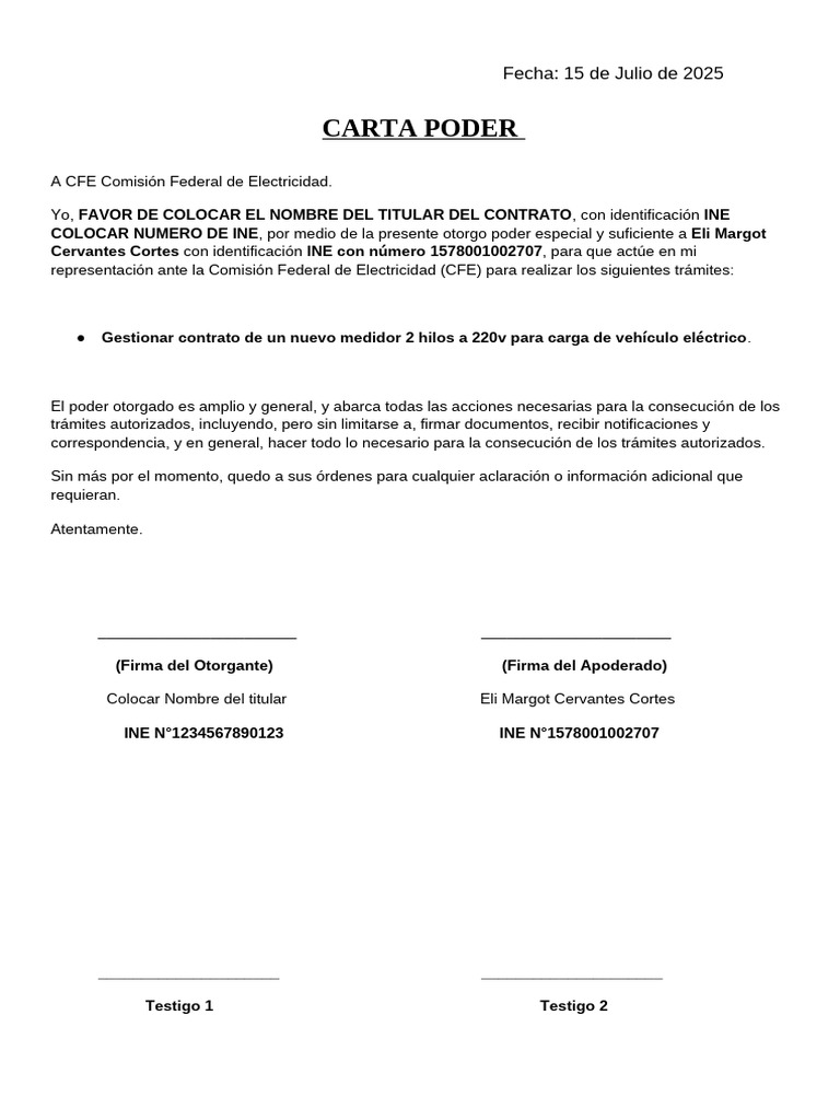 Carta Poder para CFE y Medidor Eléctrico | PDF