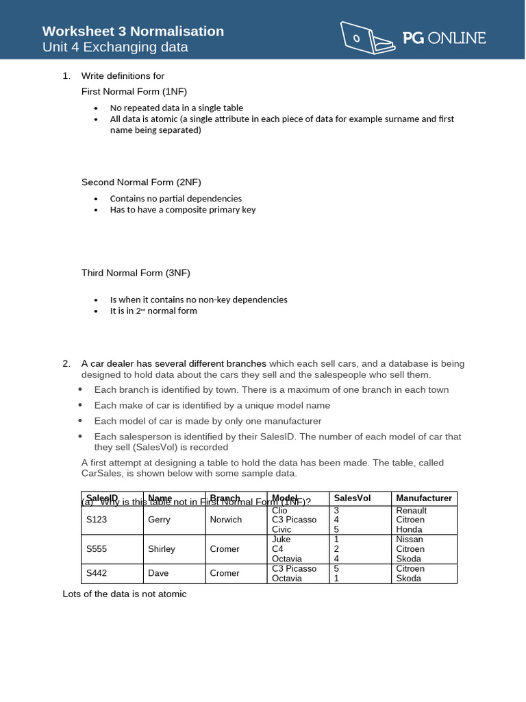 Data Types Worksheet 3 Relational Databases and Normalisation | PDF ...