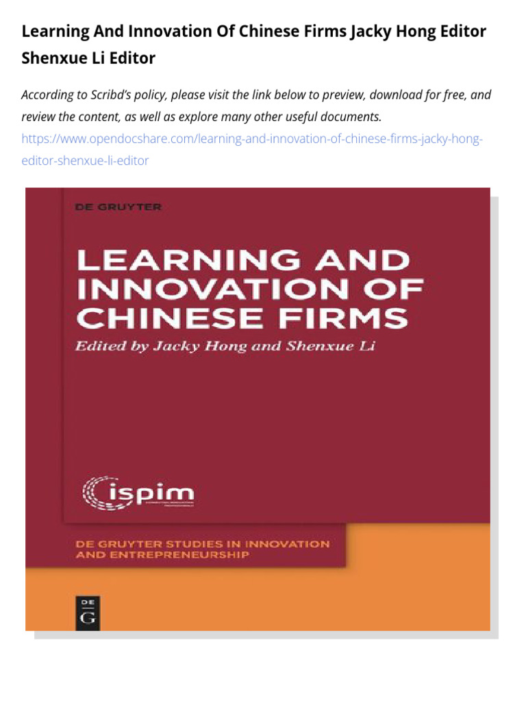 Learning And Innovation Of Chinese Firms Jacky Hong Editor Shenxue Li ...