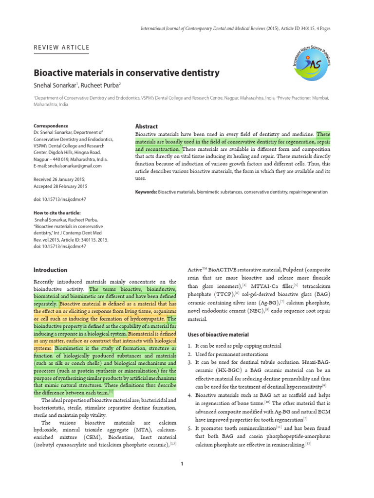 Bioactive Materials in Conservative Dentistry | PDF | Materials