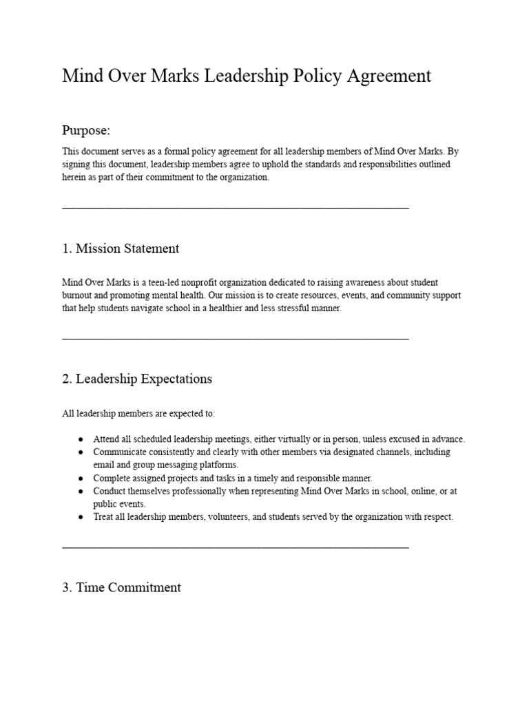 Mind Over Marks Leadership Agreement | PDF | Harassment | Leadership