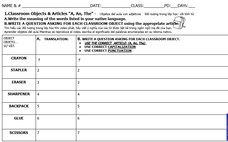 1.classroom Objects & Articles A An The Write Sentences | PDF