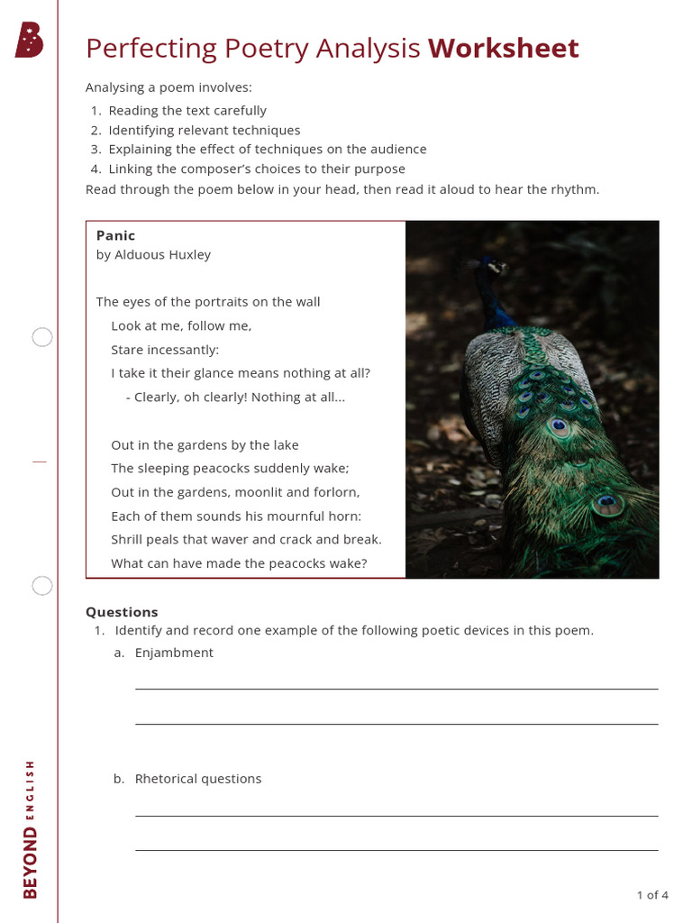 Poetry Analysis Worksheet: Aldous Huxley | PDF | Poetry | Poetic Devices