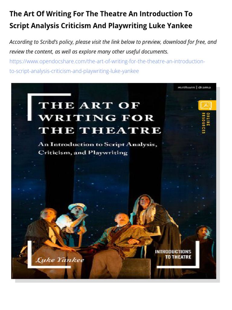 The Art Of Writing For The Theatre An Introduction To Script Analysis ...
