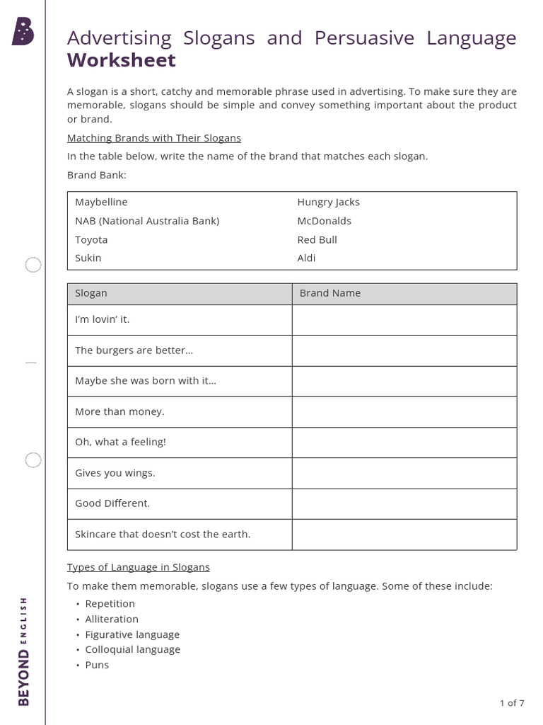 Advertising Slogans Worksheet Guide | PDF | Advertising | Drink
