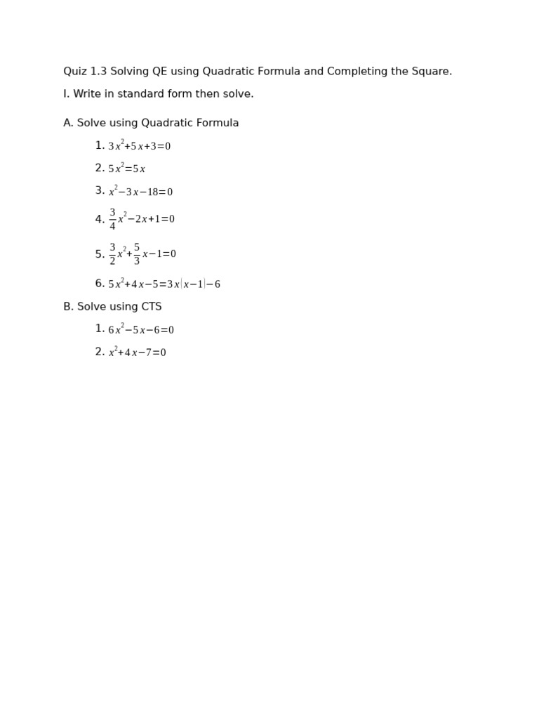 Quadratic Equation Solutions Quiz | PDF