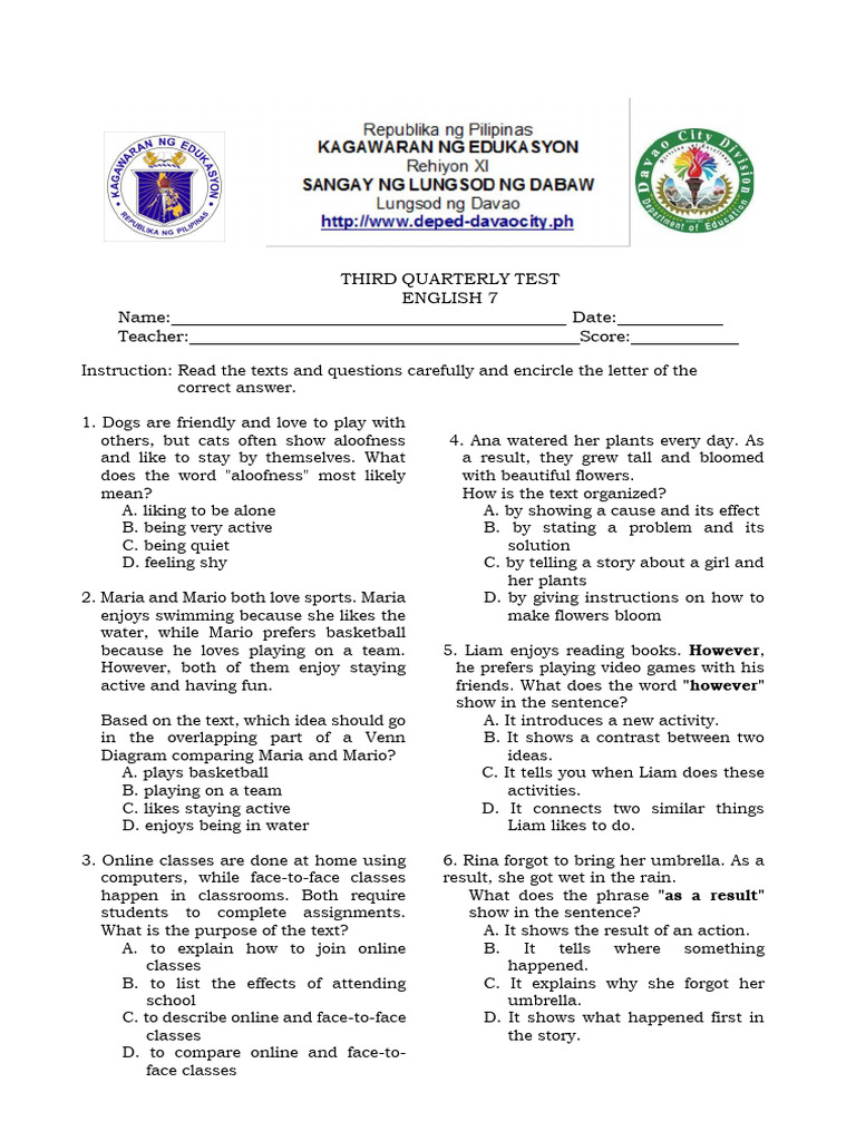 English 7 Quarterly Test Questions | PDF | Deforestation | Forests