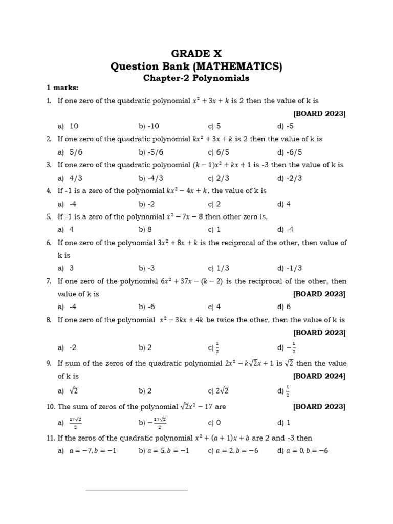 Grade X Mathematics Polynomial Questions | PDF | Zero Of A Function ...