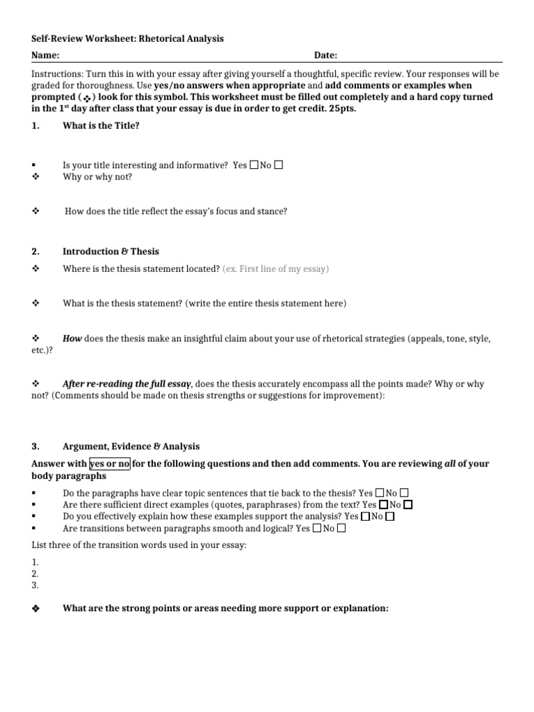 Self Review Worksheet Rhetorical Analysis | PDF | Essays | Thesis