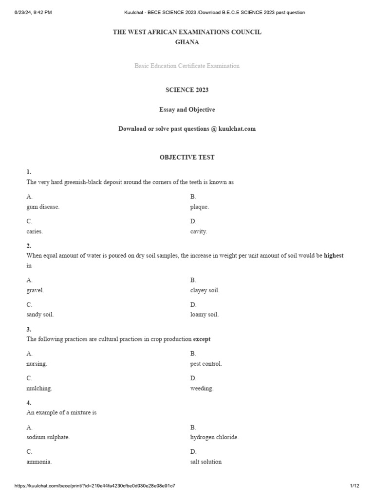 BECE Science 2023 Past Questions Guide | PDF | Artery | Neutron