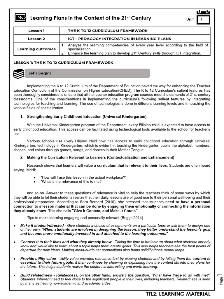 Unit 1 - K - 12 Curriculum Framework | PDF | Educational Technology | Teachers