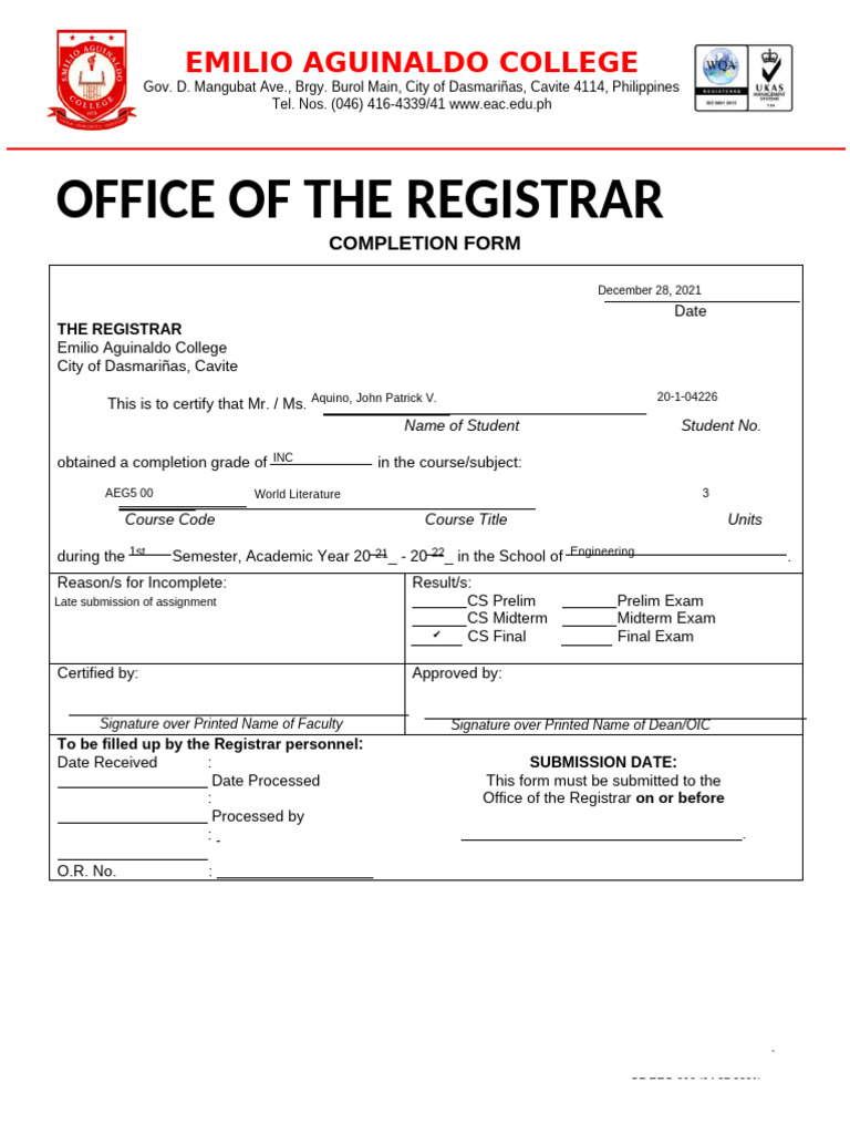 Completion Form for Incomplete Grades | PDF