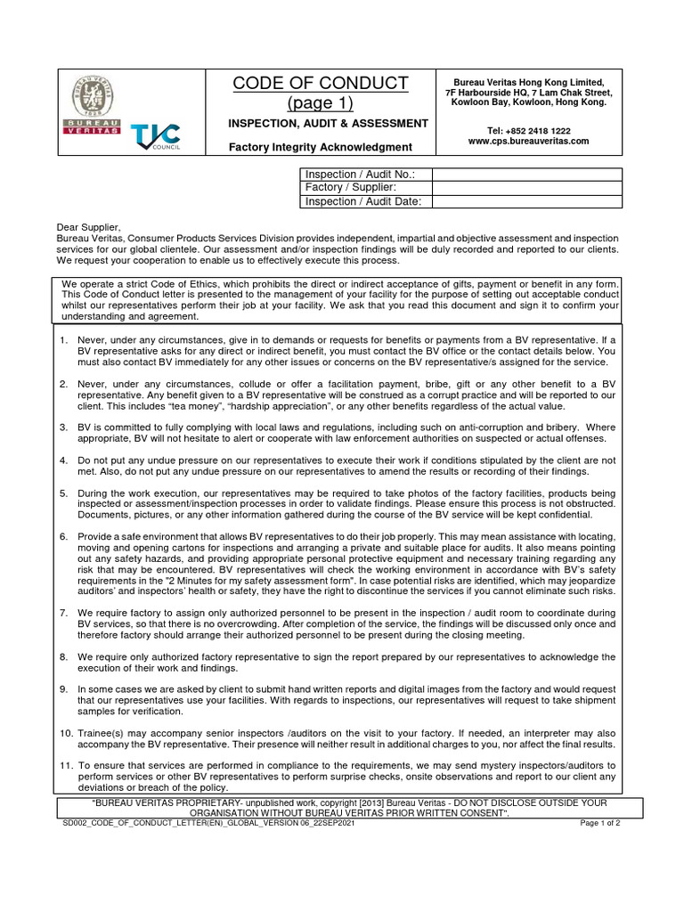 Sd002 Code of Conduct Letter(en) Global Version 06 22sep2021 | PDF ...