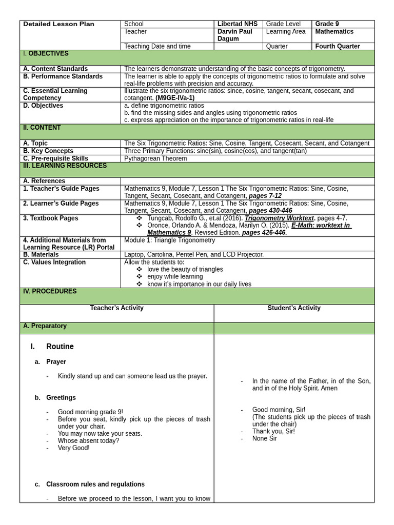 Grade 9 Trigonometric Ratios Lesson Plan | PDF | Trigonometric ...