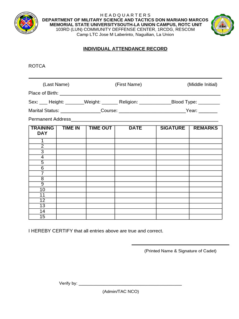 ROTC Individual Attendance Record | PDF