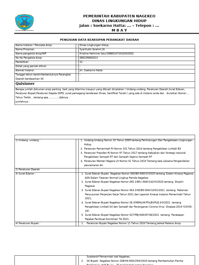 Data Kearsipan Dinas Lingkungan Hidup Nagekeo | PDF