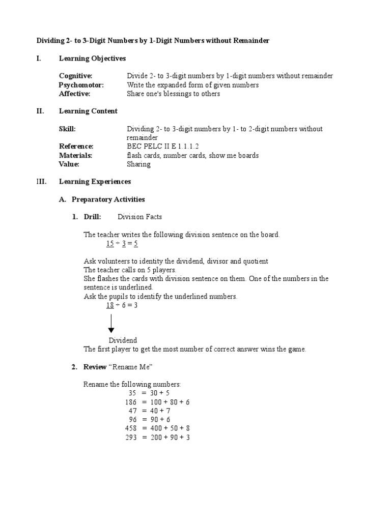 Dividing 2 - To 3-Digit Numbers by 1-Digit Numbers Without Remainder ...