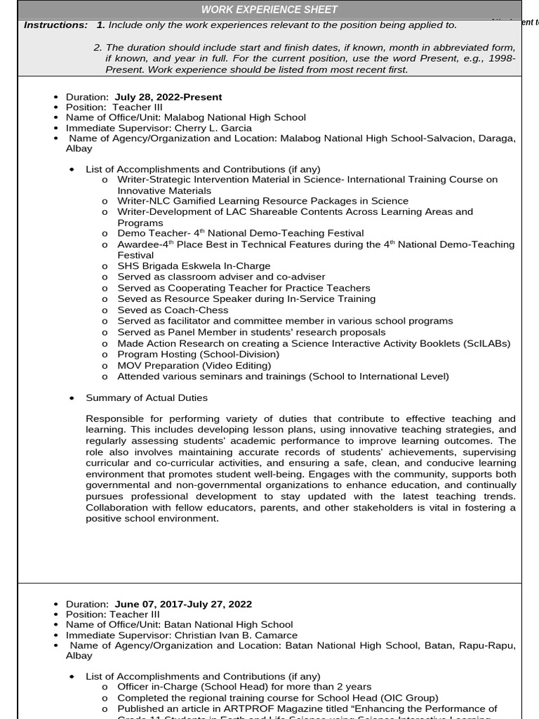 CS_Form_No_212_Work_Experience_Sheet-Sir Mel | PDF | Teachers | Human ...