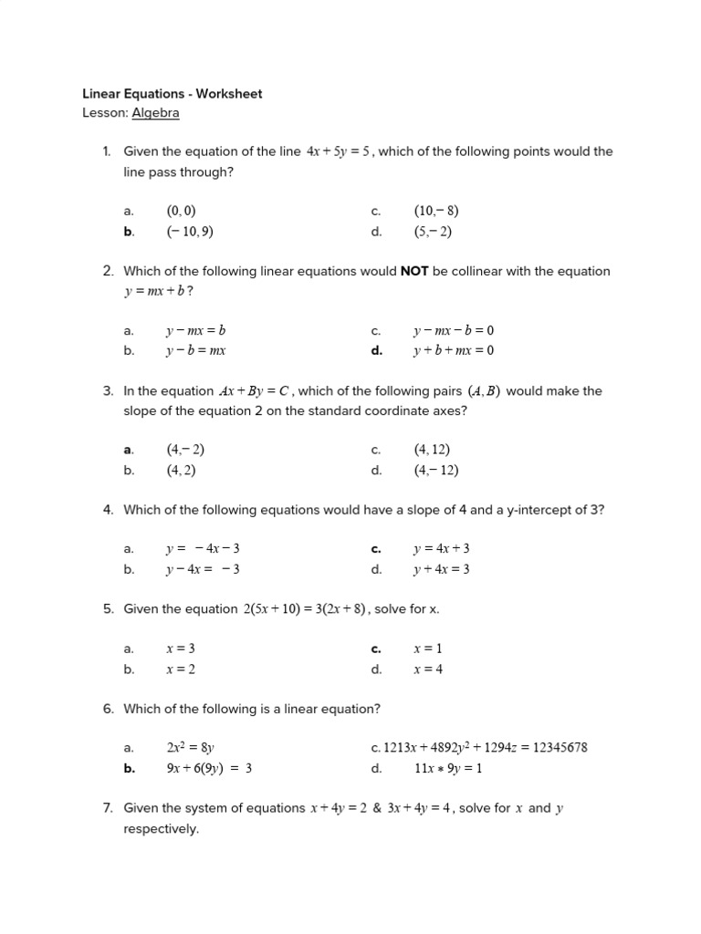 Algebra - Linear Equations Answer Key-1 | PDF | Equations | Line (Geometry)