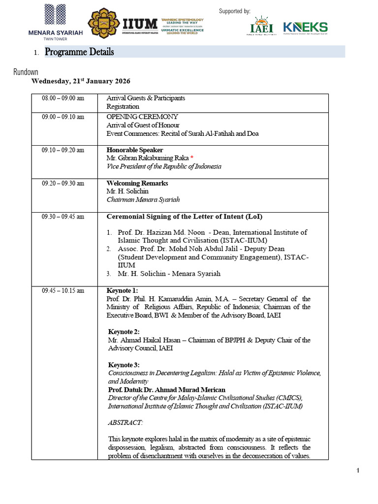 Rundown Menara Syariah & ISTAC Symposium - Wednesday, 21th January 2026 ...
