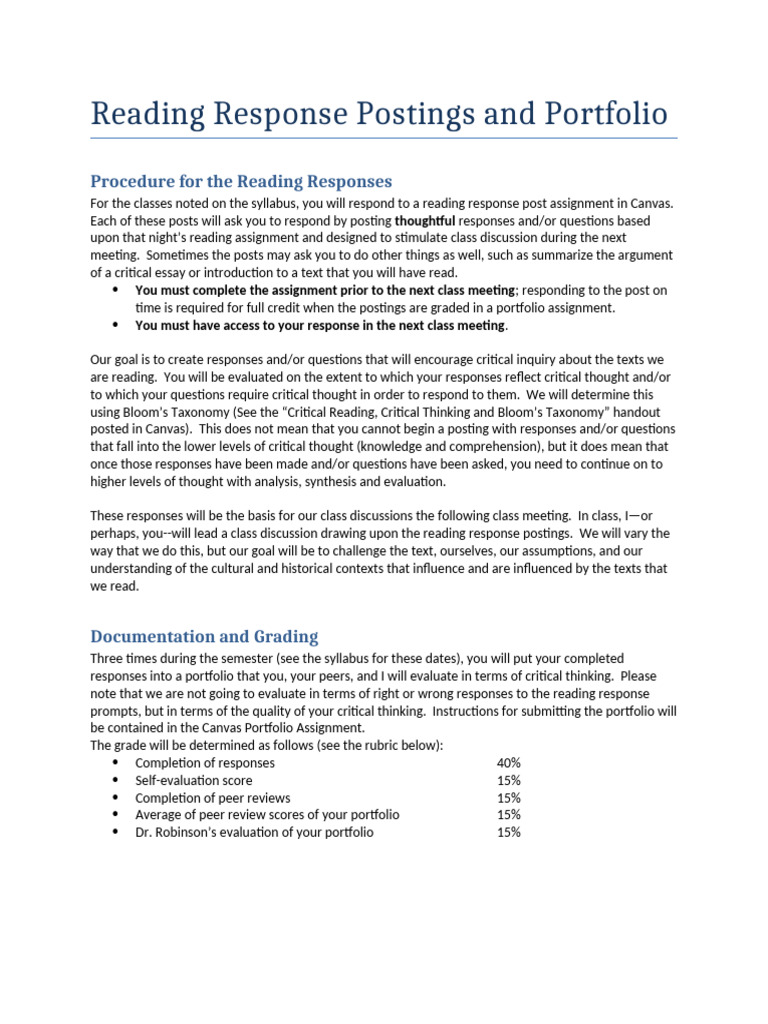 Reading Response Portfolio Guidelines | PDF | Critical Thinking | Thought