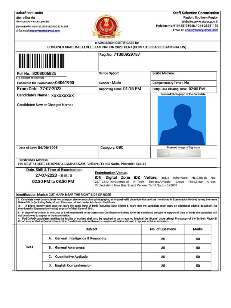 Ssc Cgl 2023 Tier 1 Admit Card | PDF