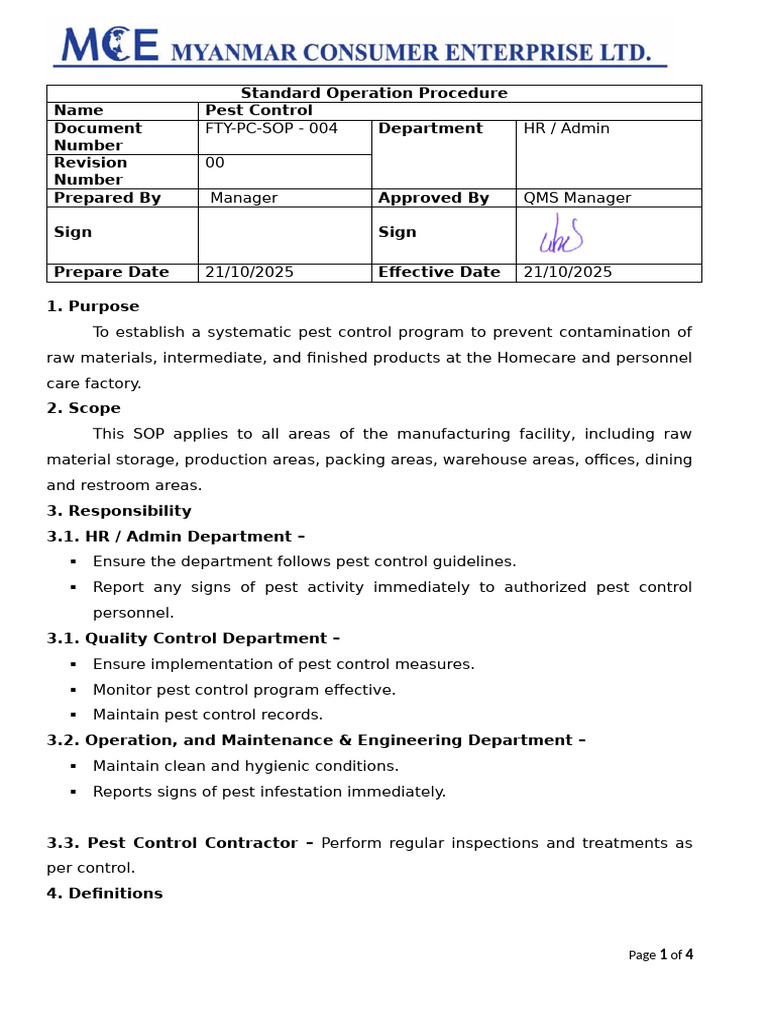 4.13, Pest Control SOP | PDF | Pest Control | Pest (Organism)