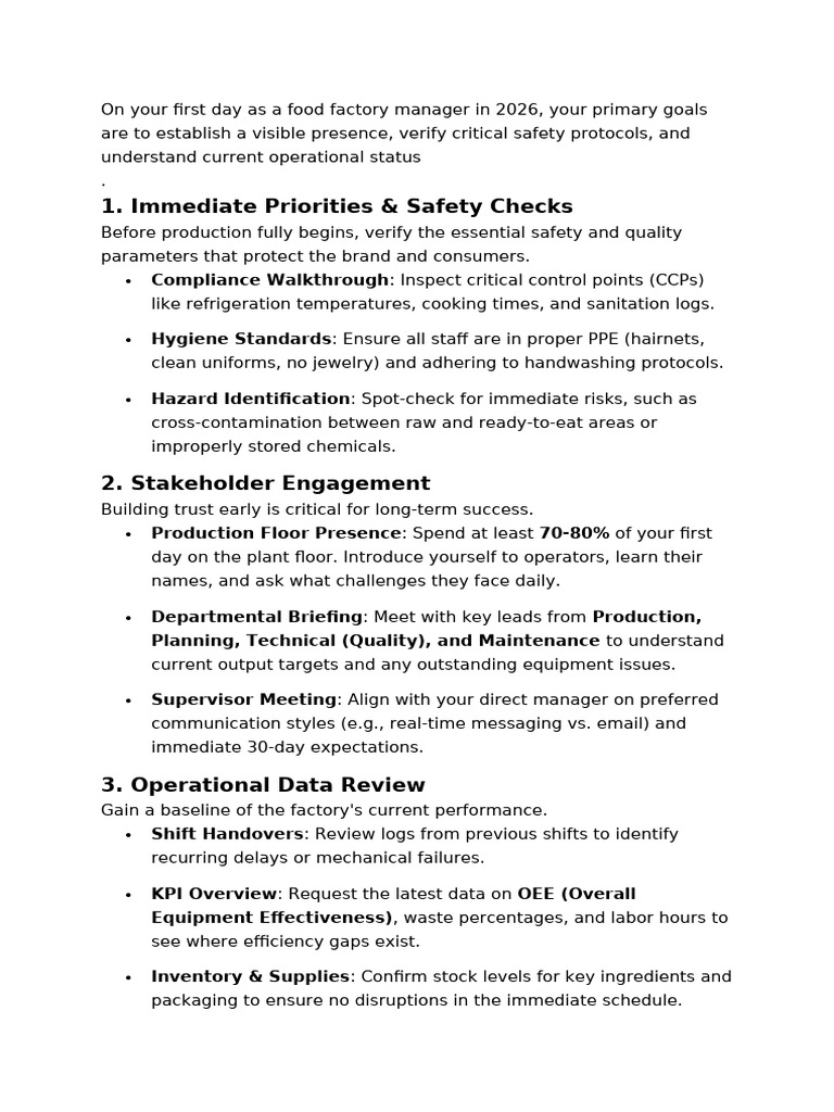 On Your First Day as a Food Factory Manager in 2026 | PDF