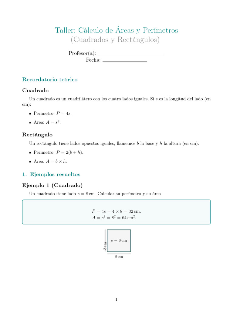 Taller de Area y Perimetros de Cuadrados y Rectangulos | PDF | Rectángulo | Geometría Elemental