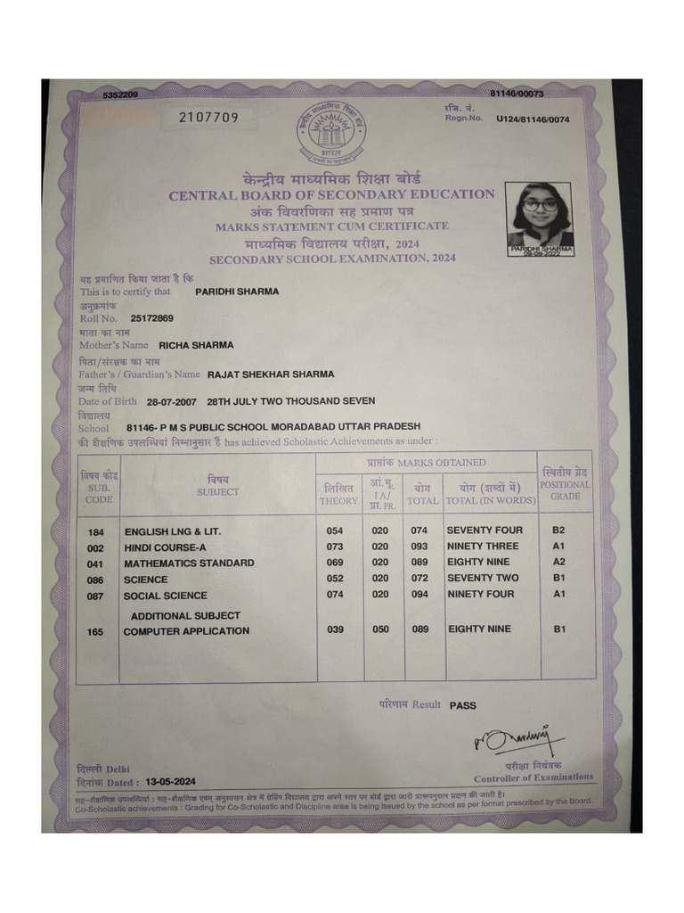 Paridhi Sharma 10th Marksheet | PDF