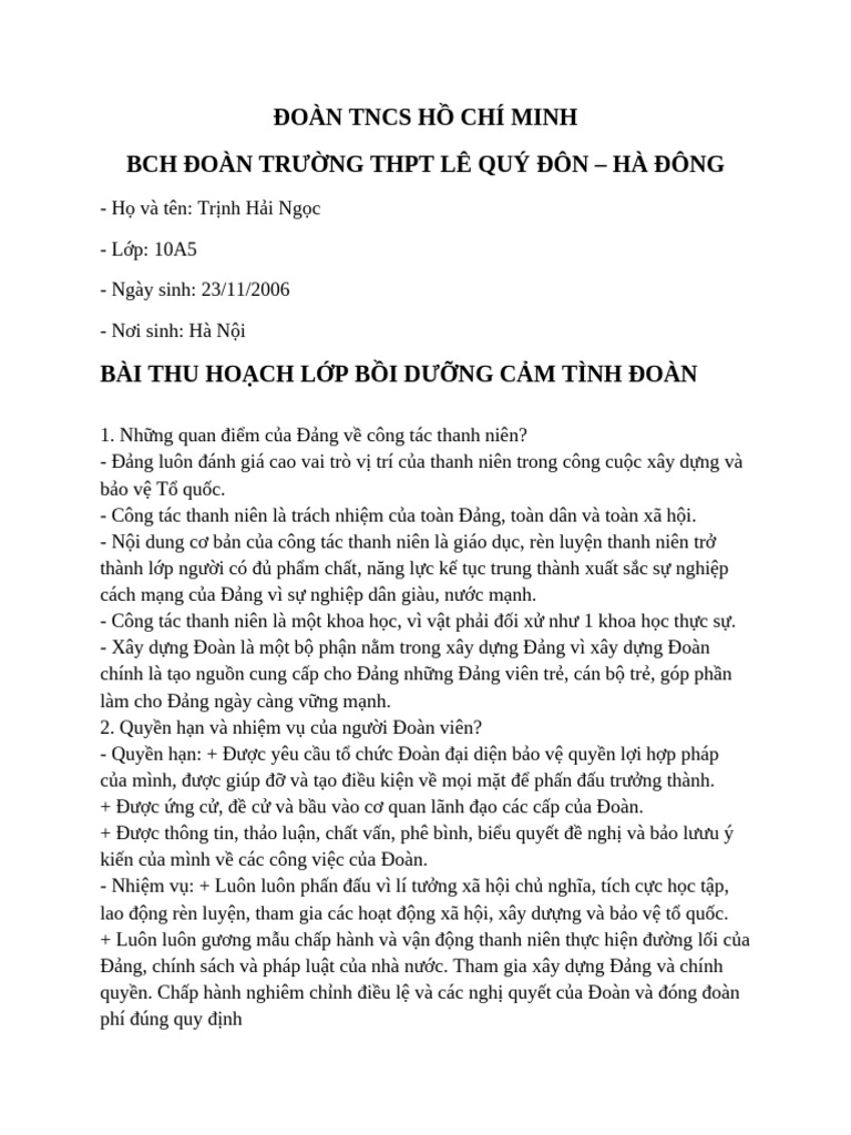 Bài Thu Hoạch Đoàn - Hải Ngọc 10A5 | PDF
