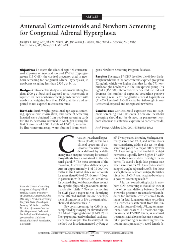 Corticosteroids and CAH Newborn Screening | PDF | Preterm Birth ...