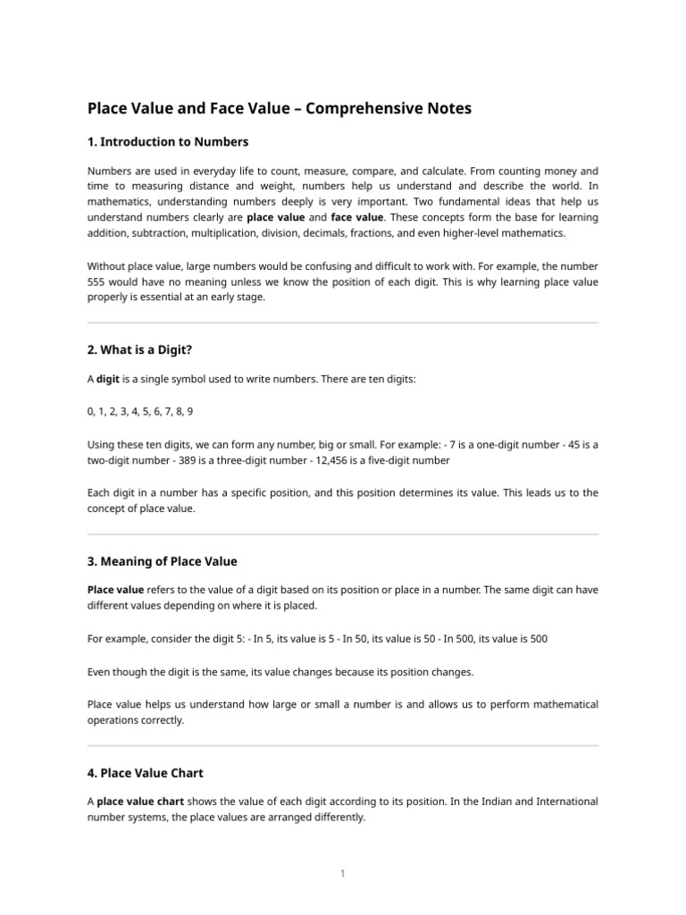 Place Value and Face Value – Detailed Notes | PDF | Numbers ...