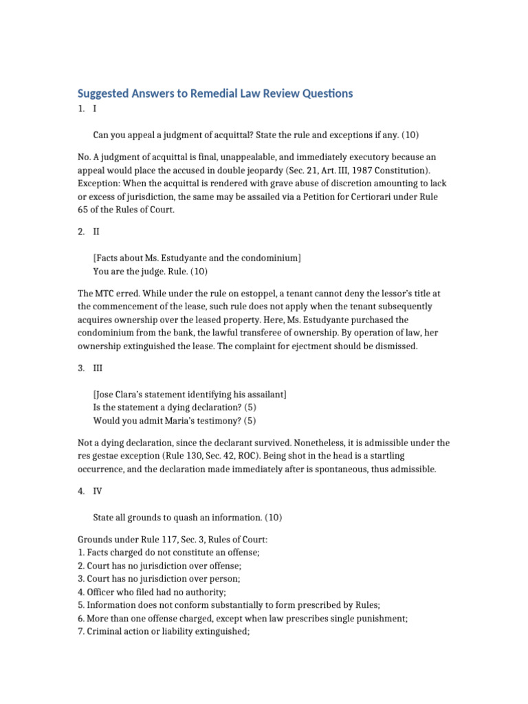 Remedial Law Review Questions Explained | PDF