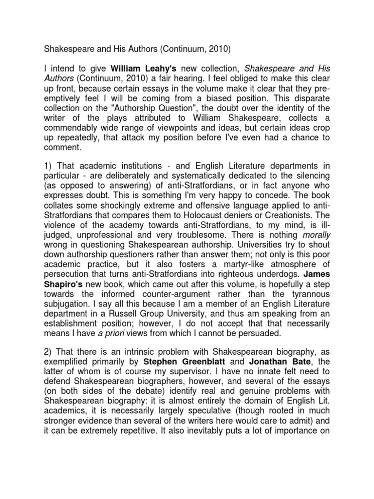 Shakespeare and His Authors | PDF | Shakespeare Authorship Question ...